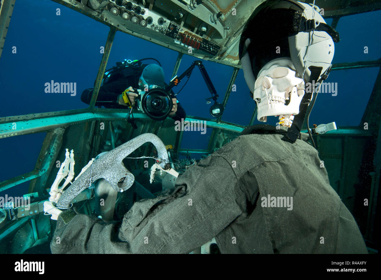 plane scuttled for divers, pilot puppet, taking underwater photos, C130 ...