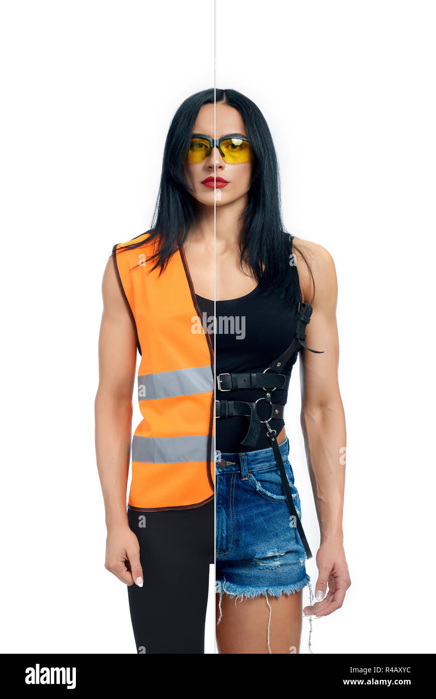 Woman in two occupations of worker and shooter isolated on white ...