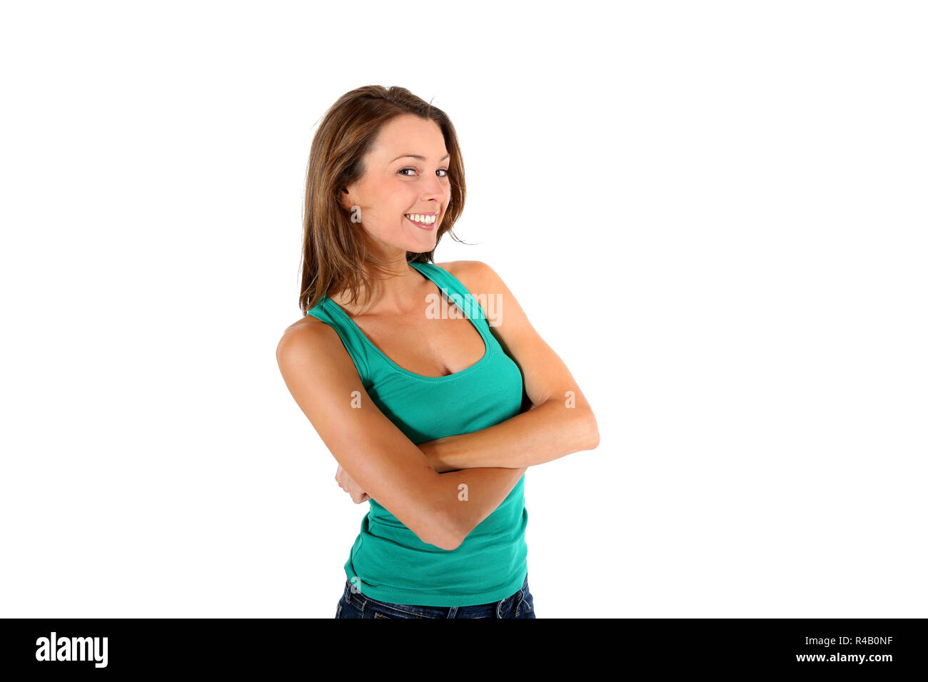 Smart brunette girl standing laughing hi-res stock photography and ...
