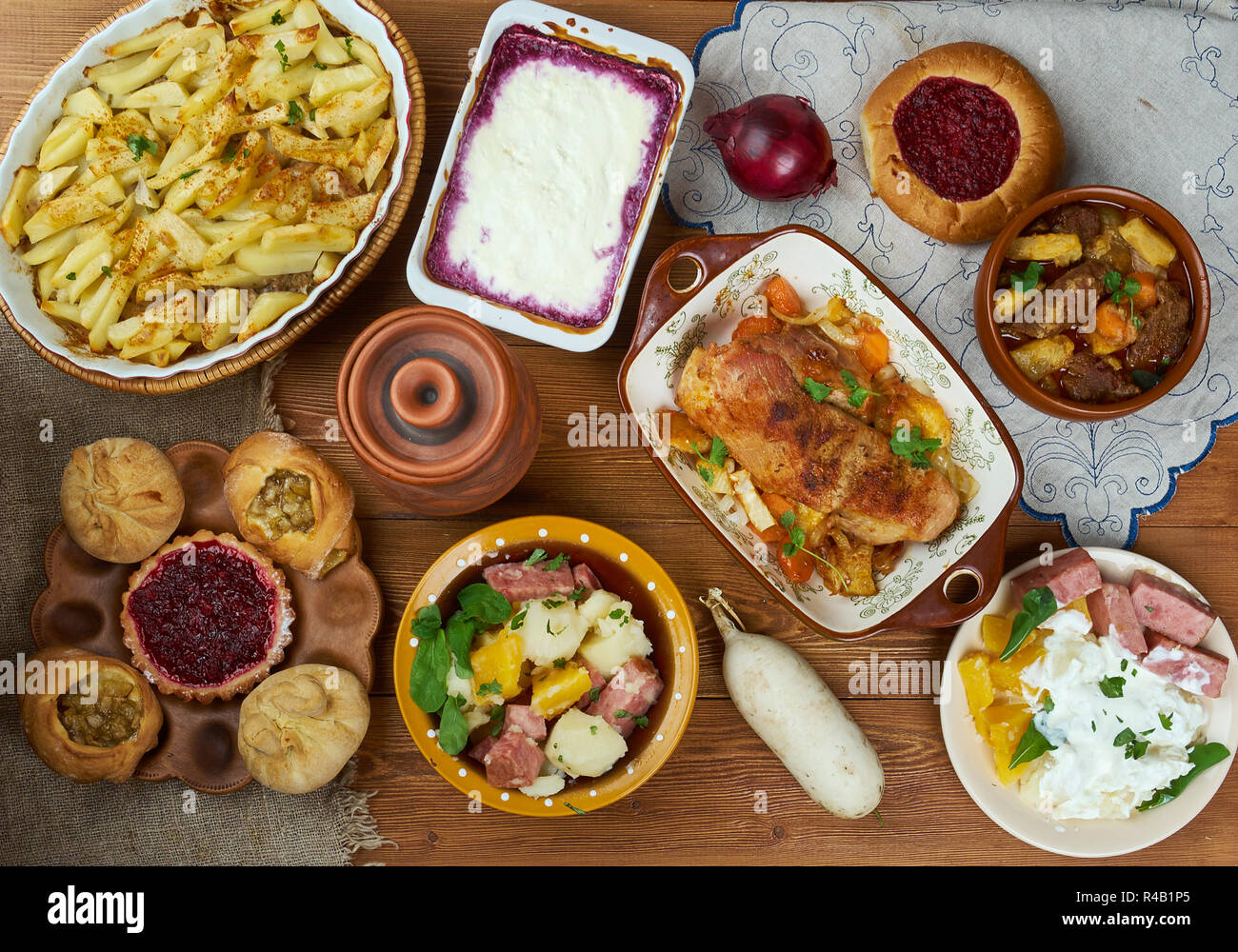 Finnish cuisine, Traditional assorted dishes, Top view Stock Photo - Alamy