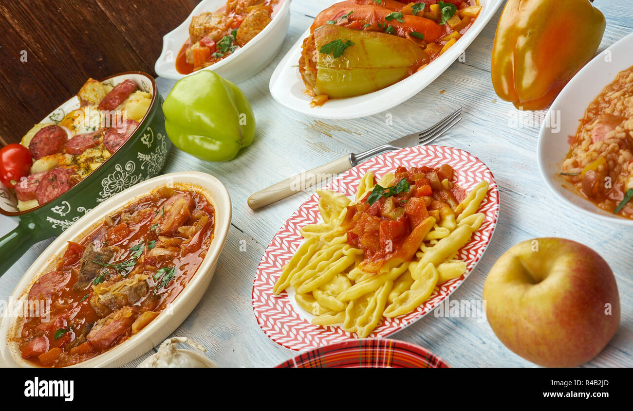 Hungarian cuisine, Traditional assorted dishes, Top view Stock Photo ...