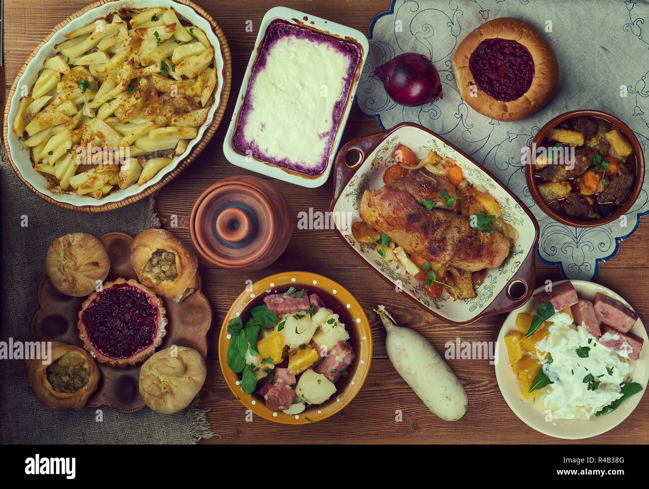 Finnish cuisine, Traditional assorted dishes, Top view Stock Photo - Alamy