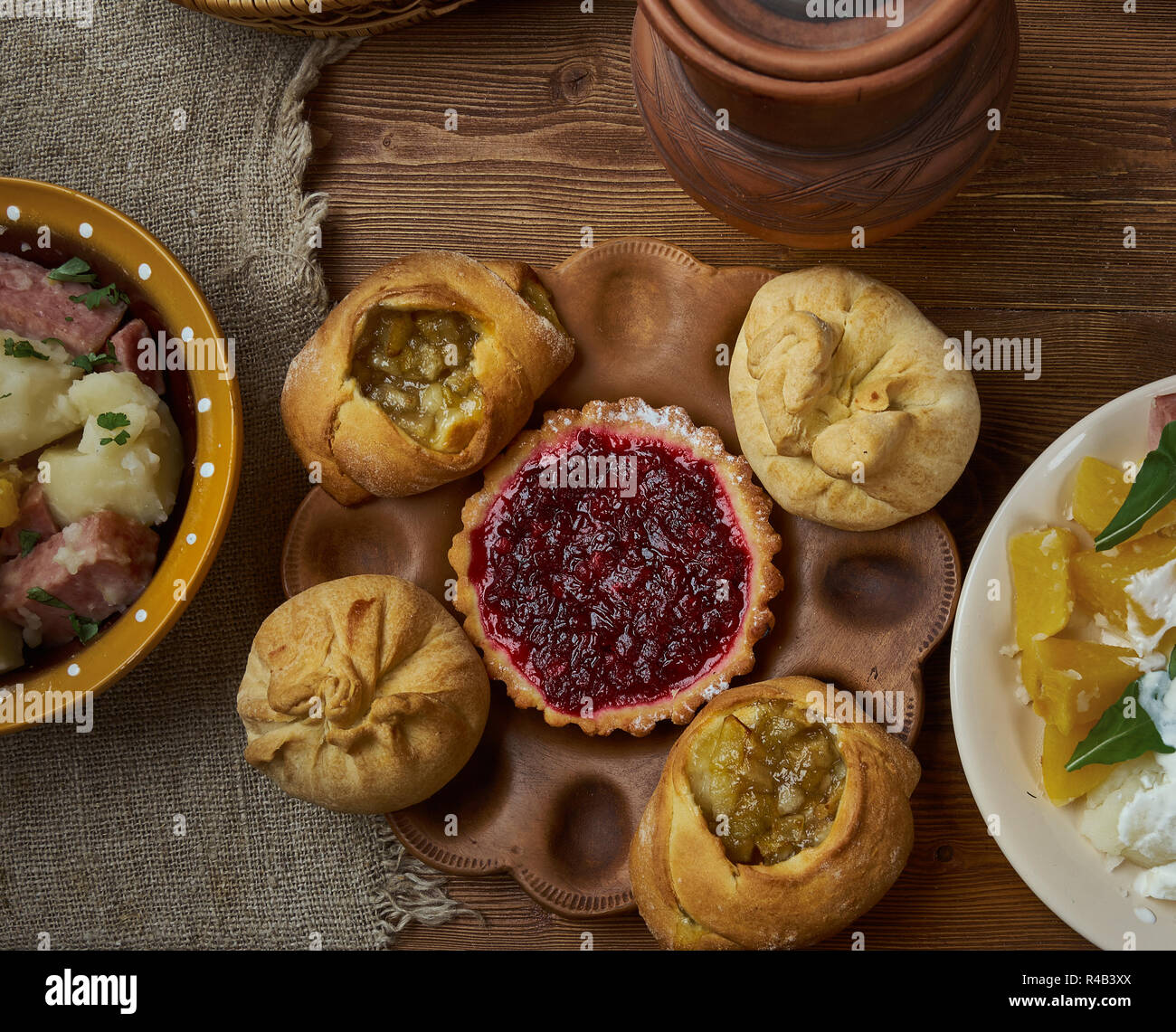 Finnish pies, Finnish cuisine, Traditional assorted dishes, Top view ...