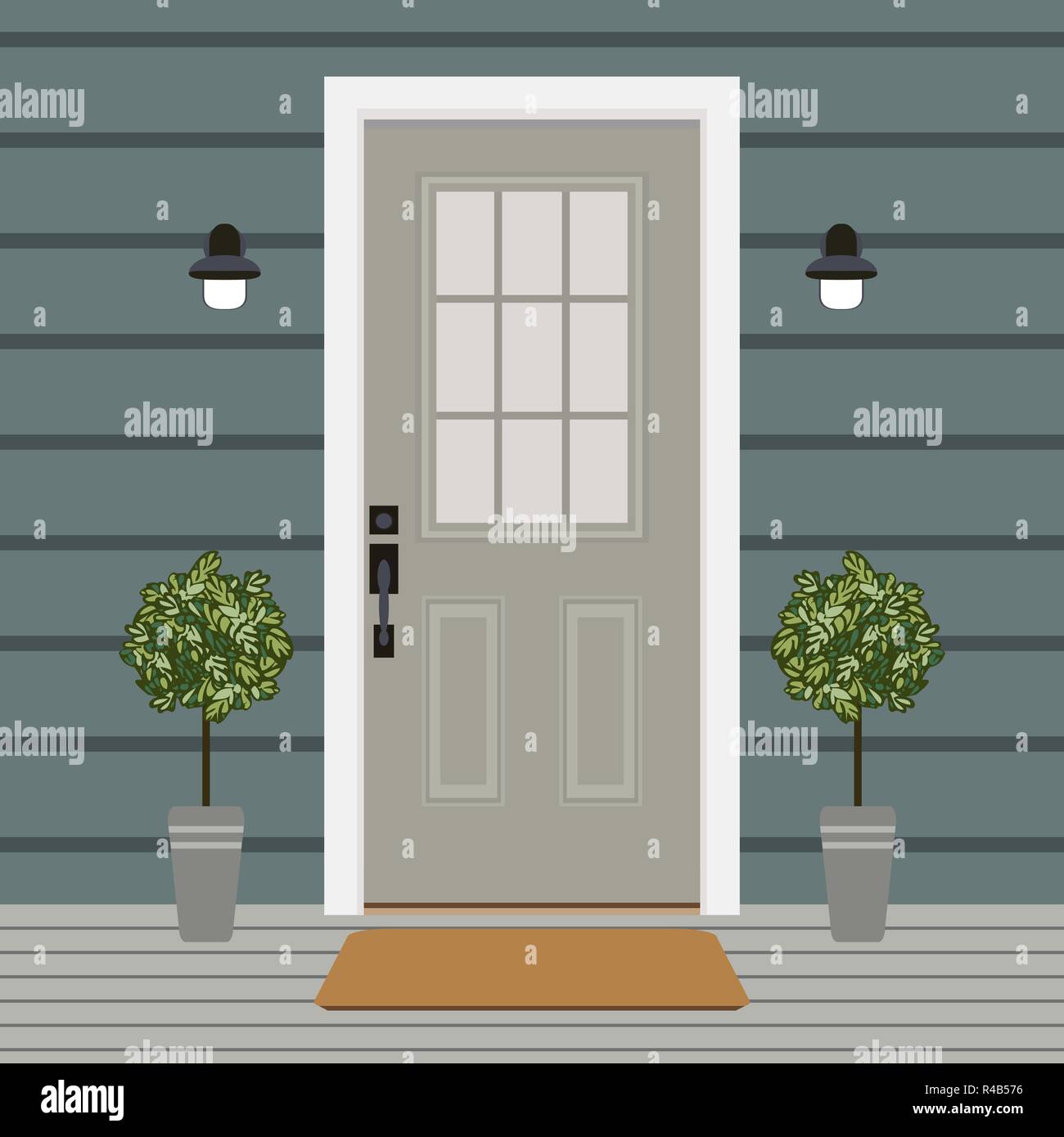 House door front with window and plants flat style, building entry ...