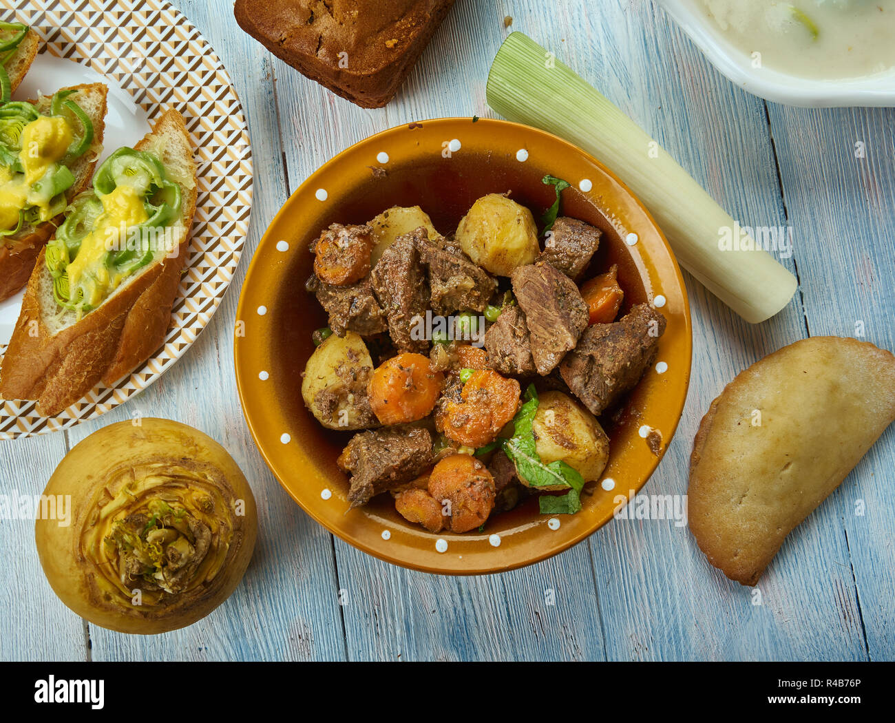 Cawl, Welsh, cuisine, British Traditional assorted dishes, Top view ...