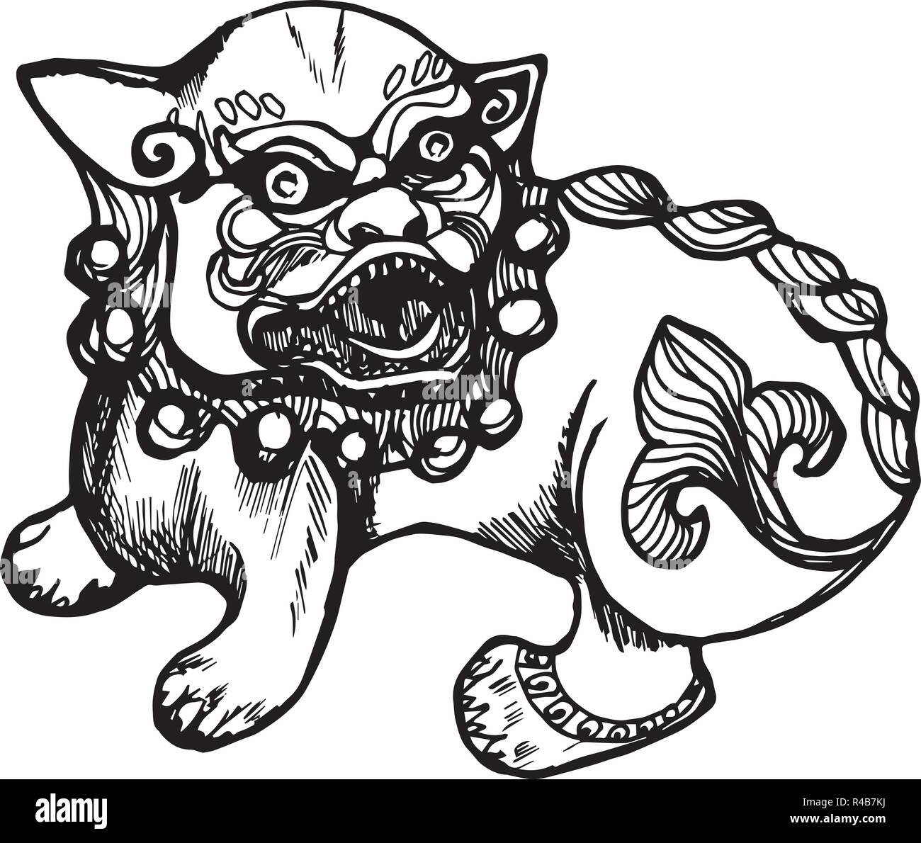 Black white picture of a chinese lion. History and protection Stock ...