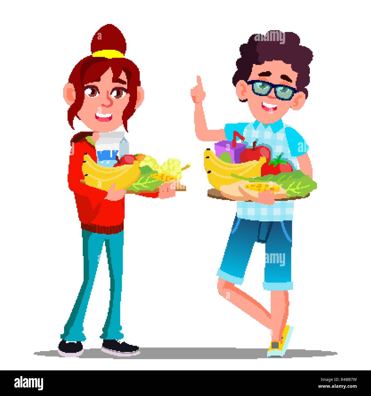 Healthy Food, Happy Boy And Girl With Fruits Vector. Isolated Cartoon ...