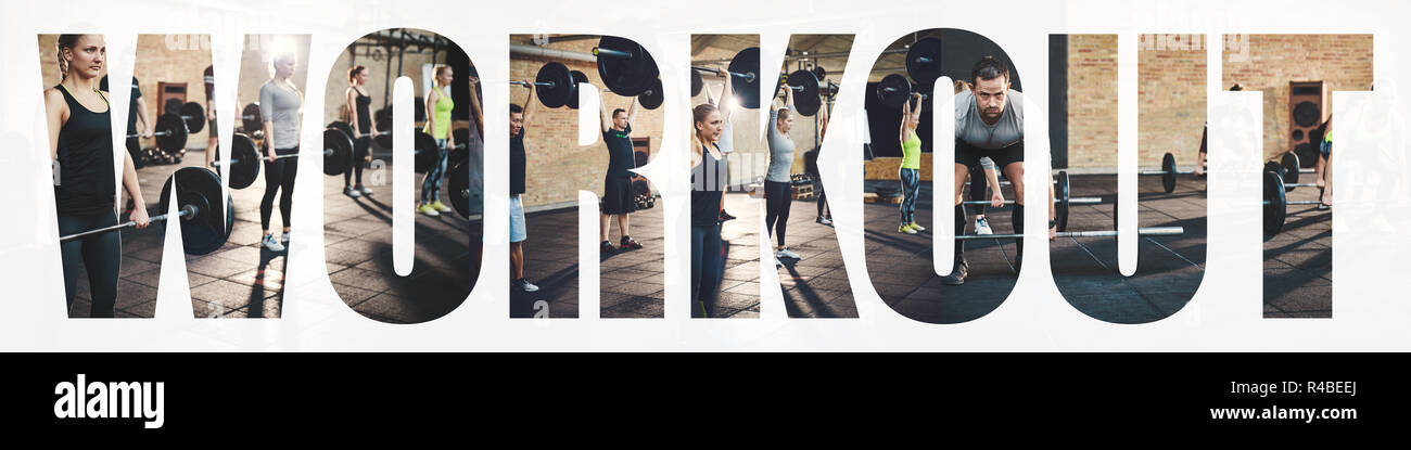 Collage of a diverse group of fit young people exercising with heavy ...