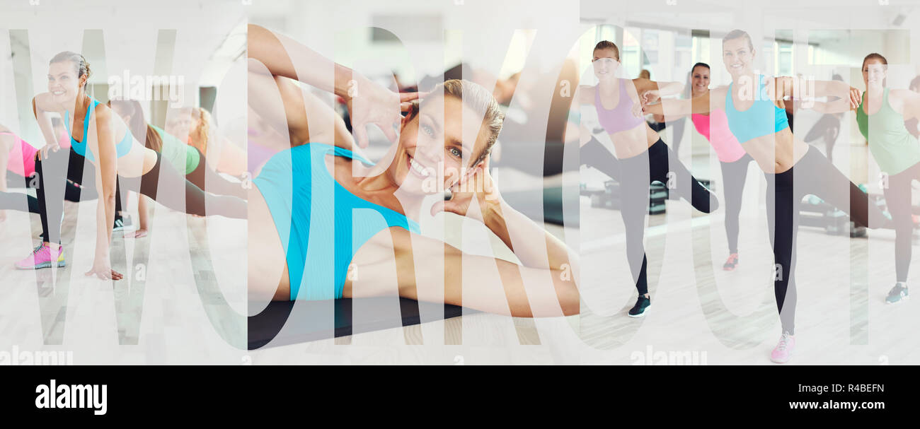 Collage of a group of fit young women in sportswear exercising together ...