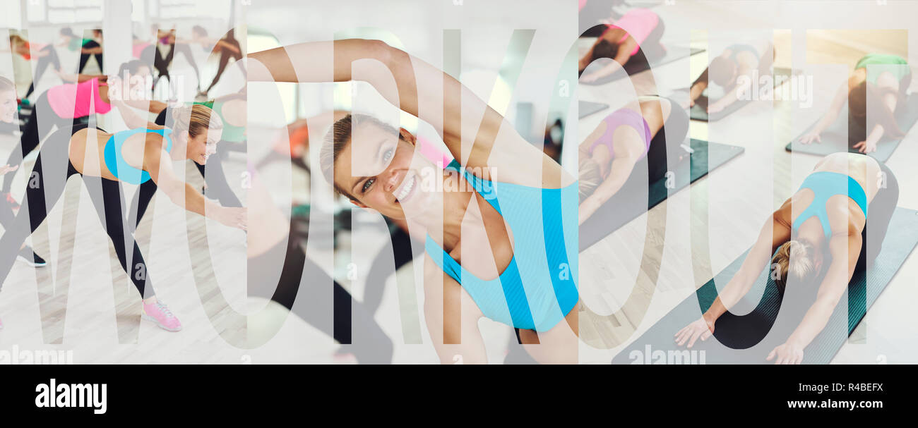 Collage of a fit young woman in sportswear exercising with others ...