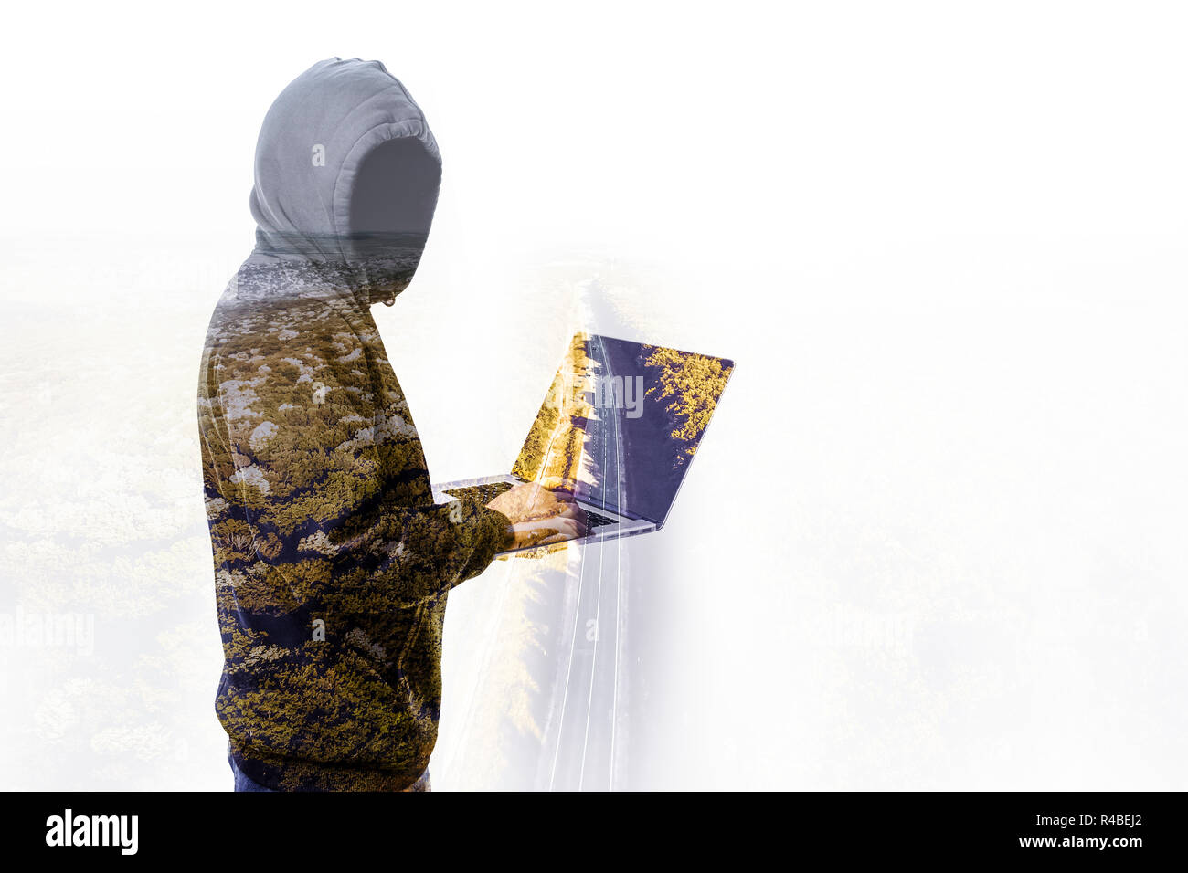 guy in the hood with notebook on the road background. Mixed media ...