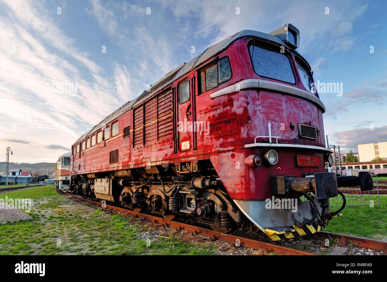 Old red train locomotive at a day Stock Photo - Alamy