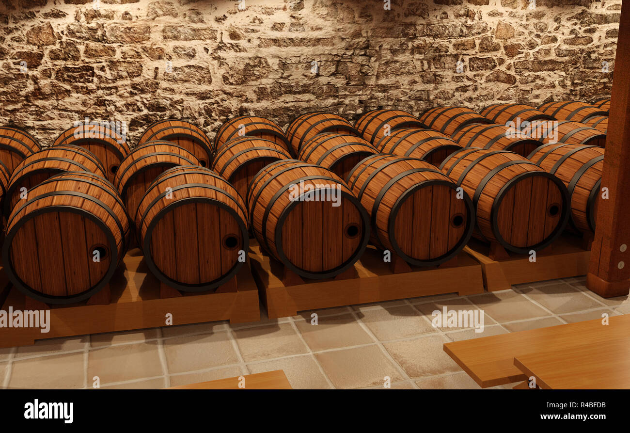 3D rendering of winery barrels placed in a cellar for wine storage ...