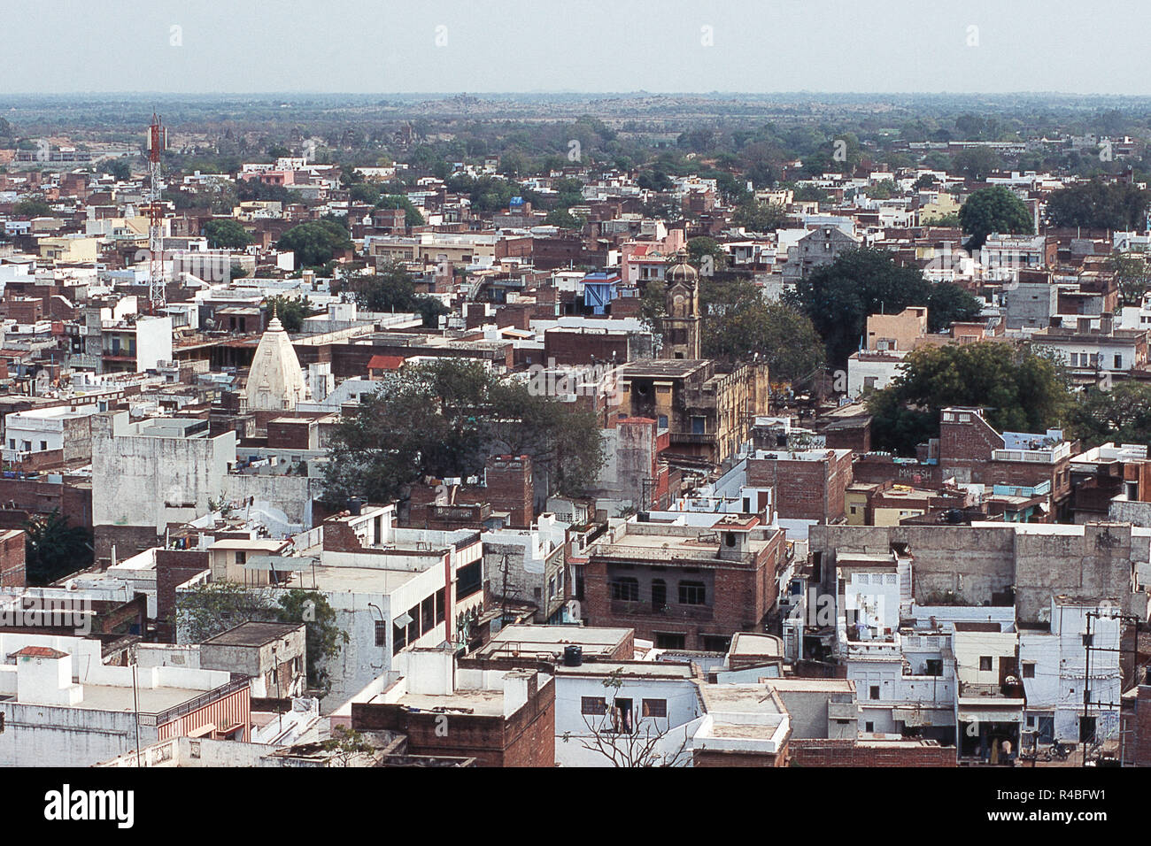 Aerial view of village with houses and temple, Datia, Madhya Pradesh ...