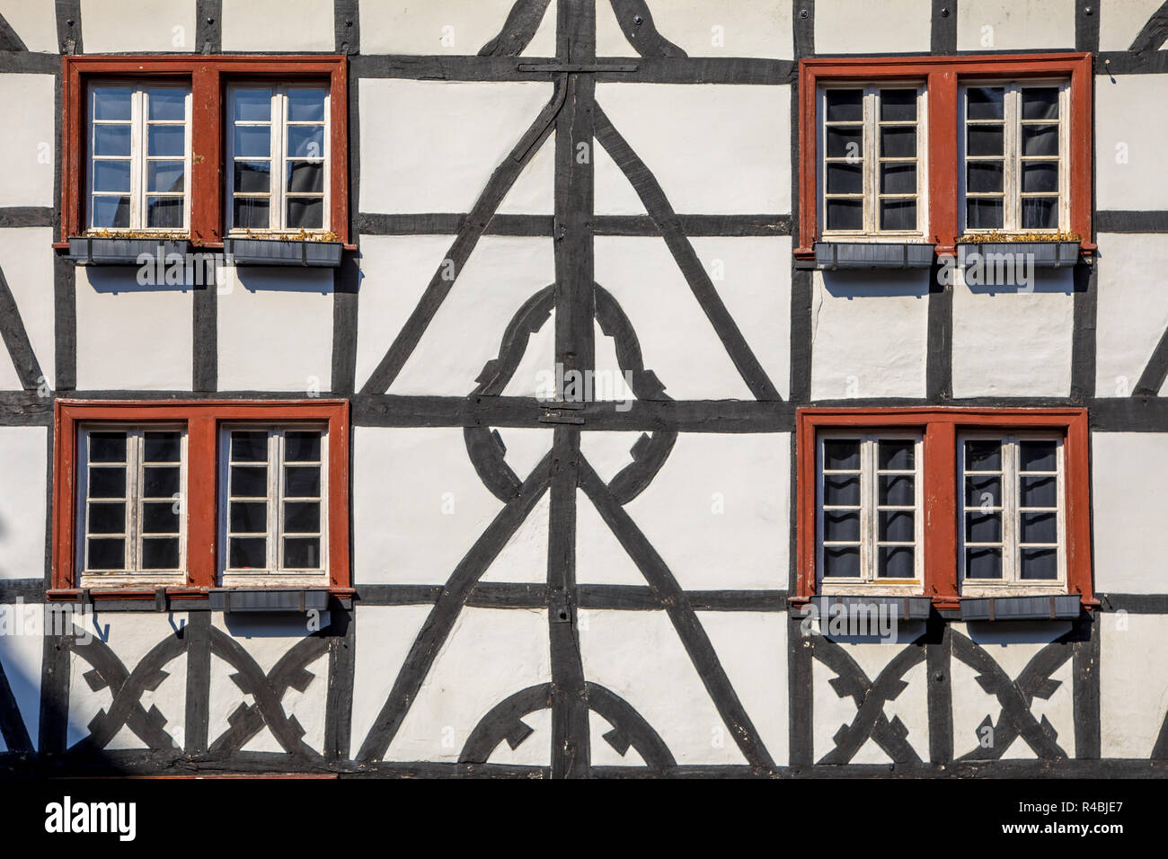 Facade of Fachwerk medievel building style in Monschau, Eifel Germany ...