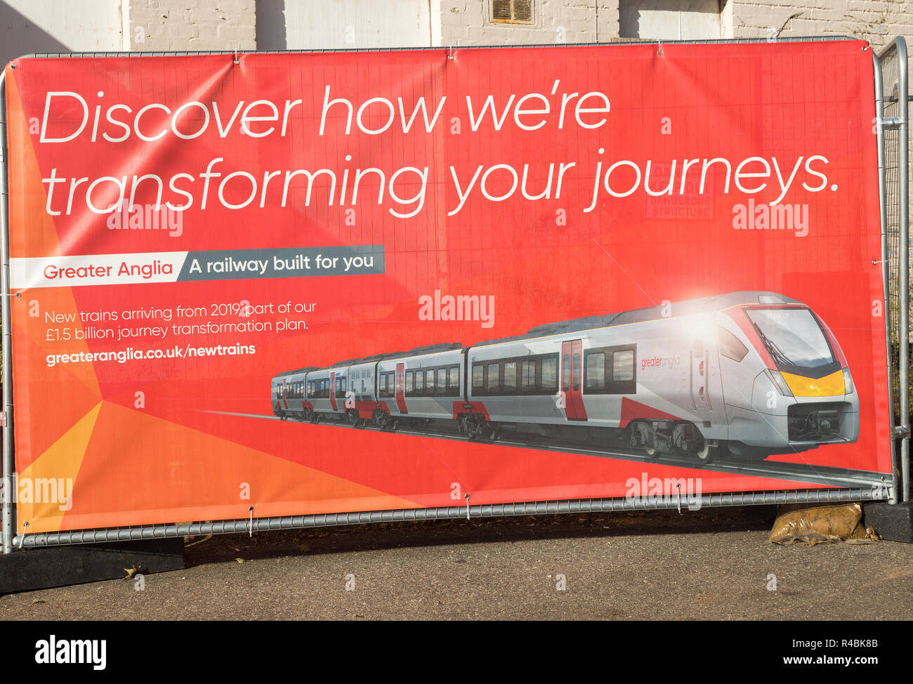 Greater Anglia advertising banner about new trains for the railway in ...