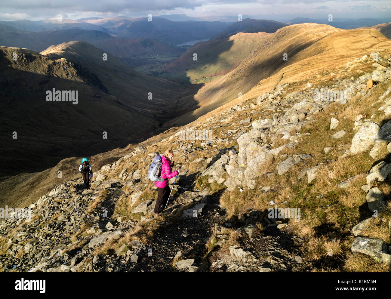 Walkers on the Thornthwaite Crag path with Hartsop Dodd, Gray Crag and ...