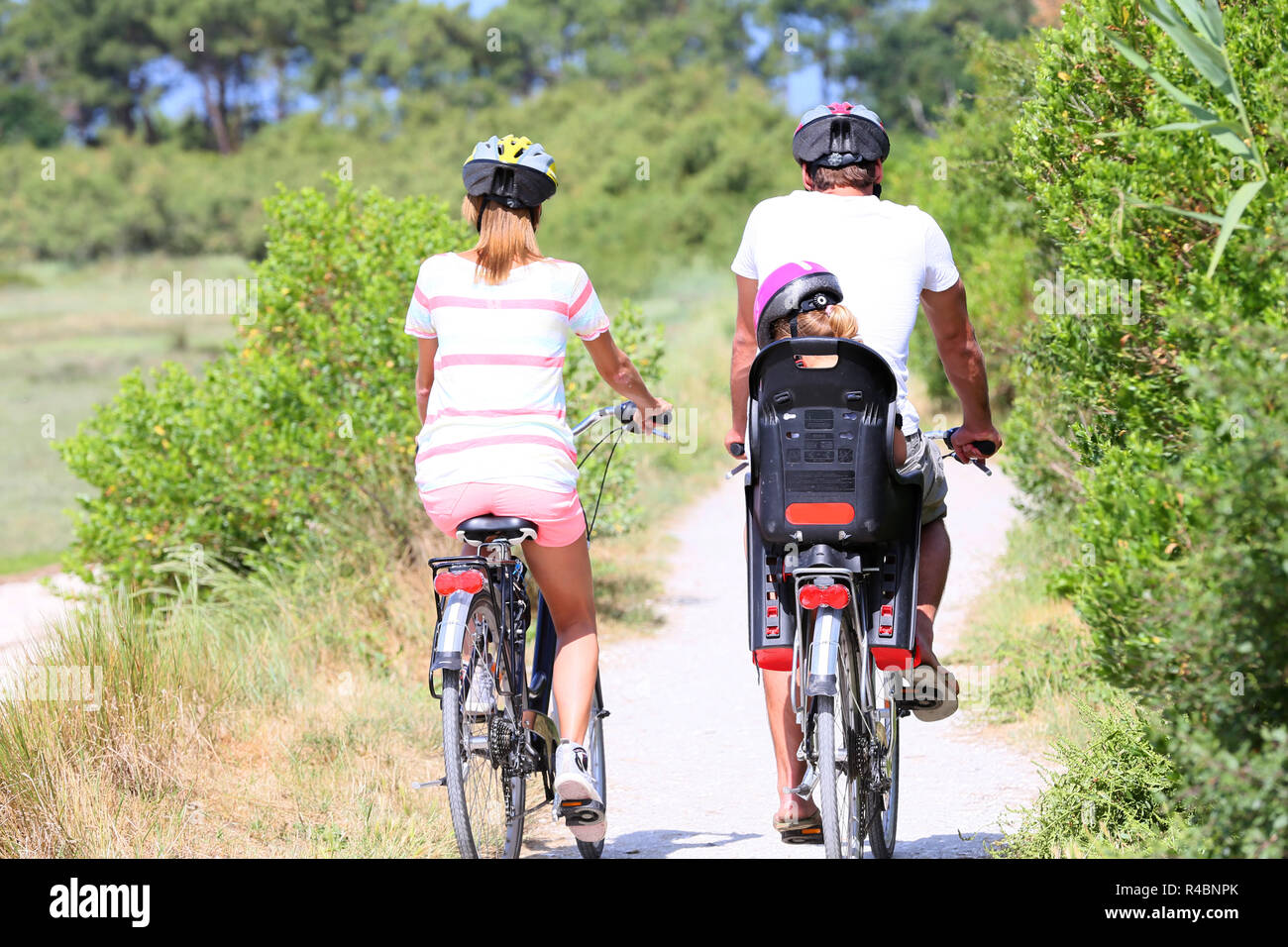 Back view of family riding bikes on a summer day Stock Photo - Alamy