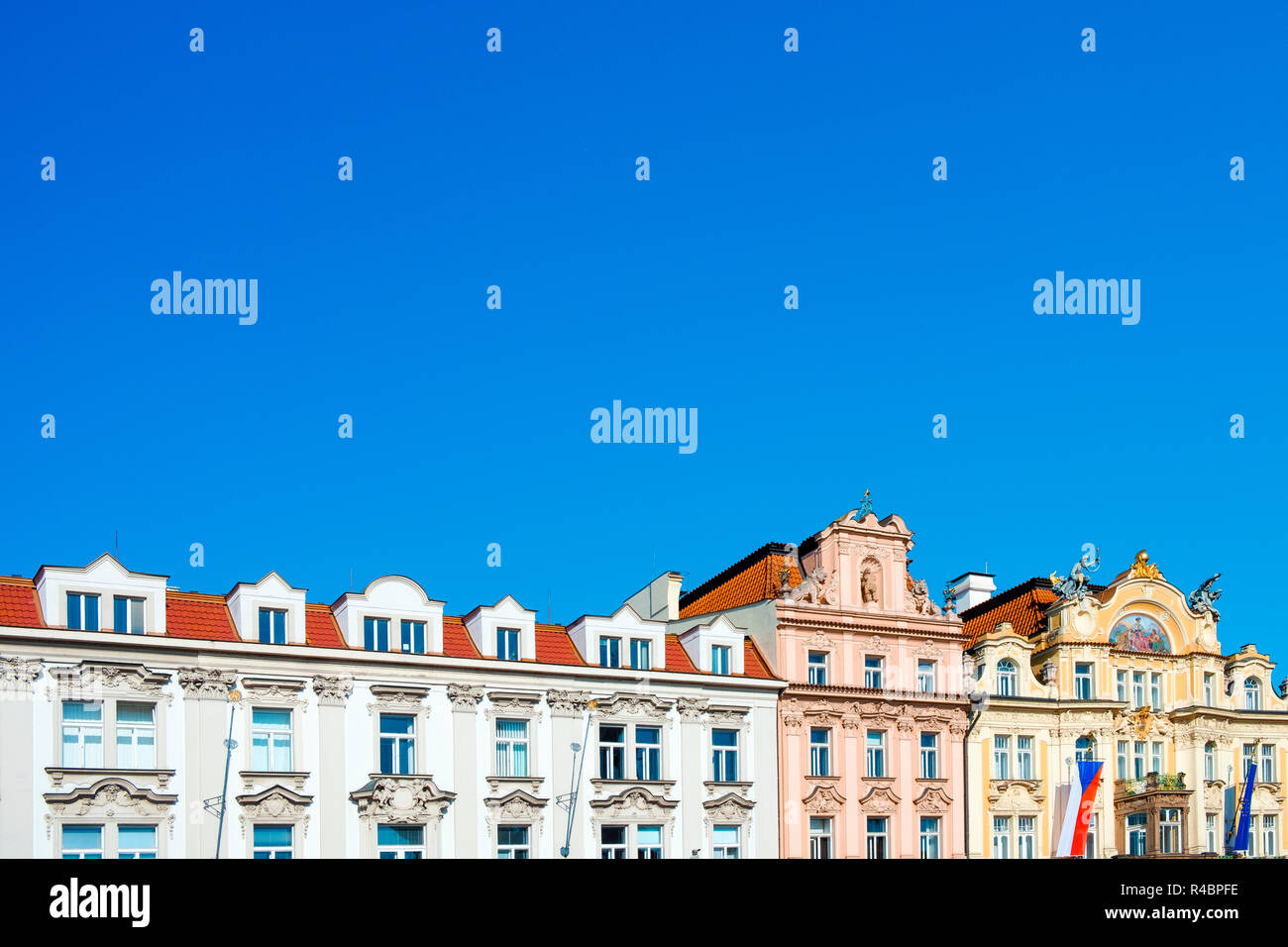 closeup of the top section of some ancient buildings in the old town of ...