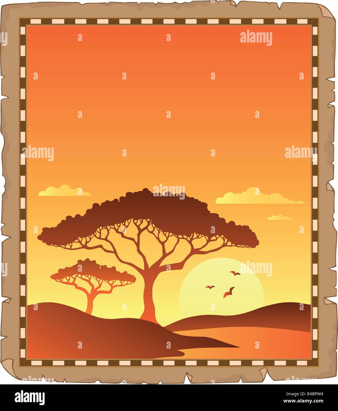 Parchment with savannah sunset scenery - eps10 vector illustration ...
