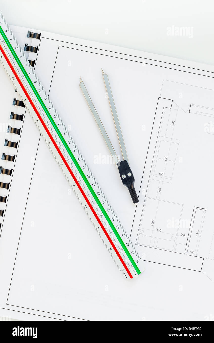 Creative flat lay overhead top view blueprints architectural flat ...
