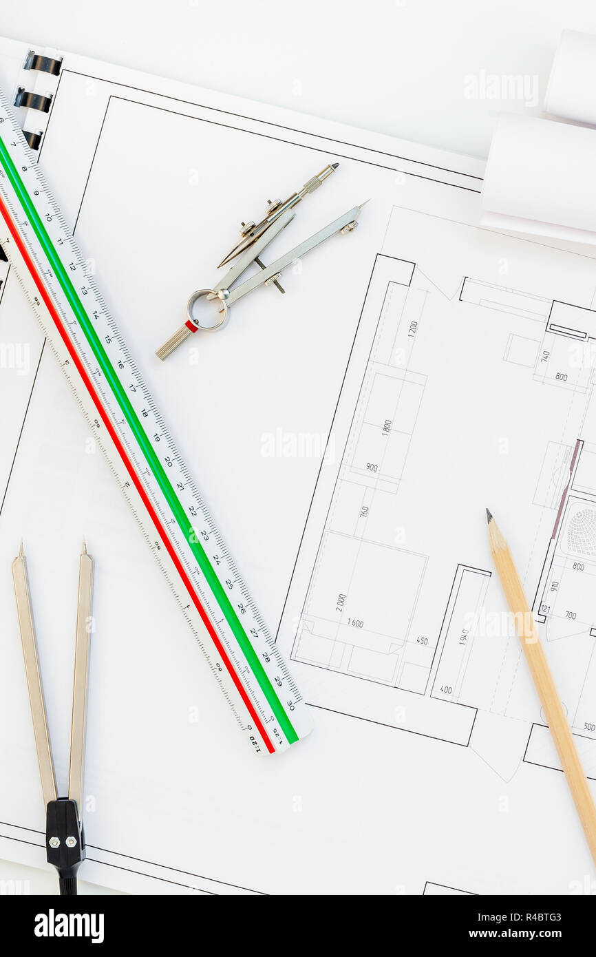 Creative flat lay overhead top view blueprints architectural flat ...