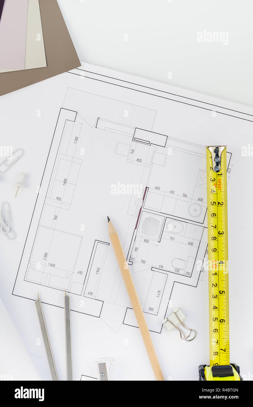 Creative flat lay overhead top view blueprints architectural flat ...