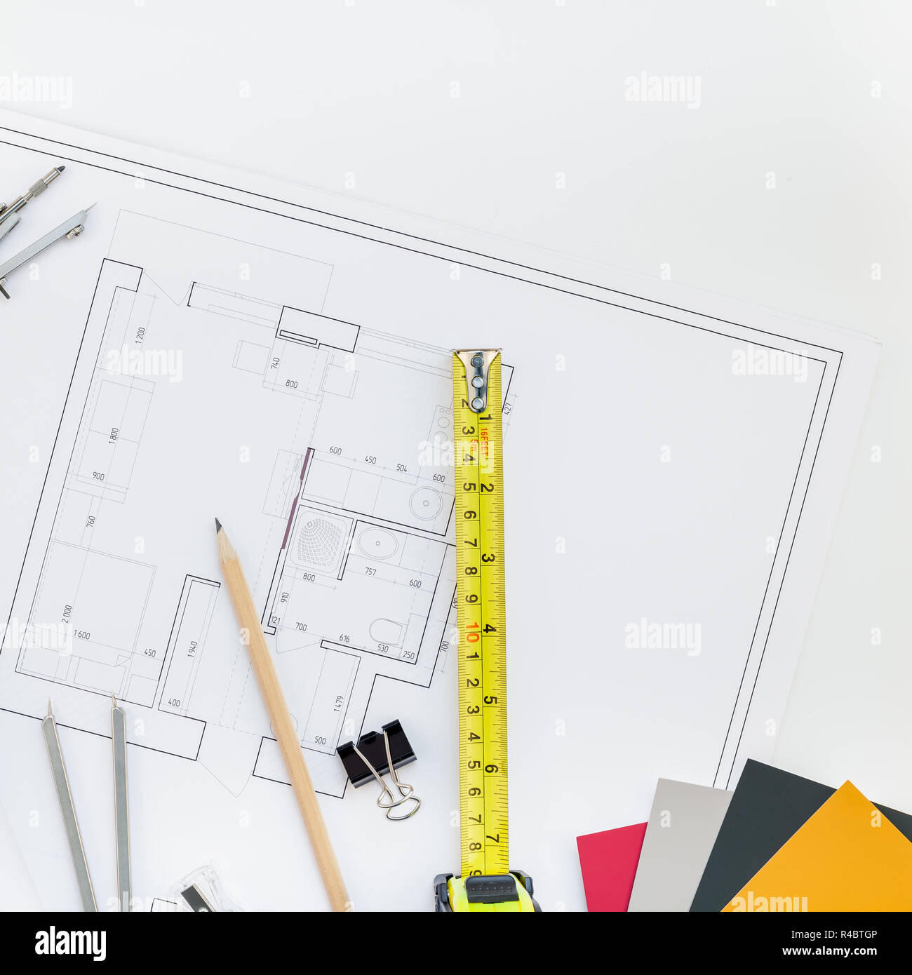 Creative flat lay overhead top view blueprints architectural flat ...