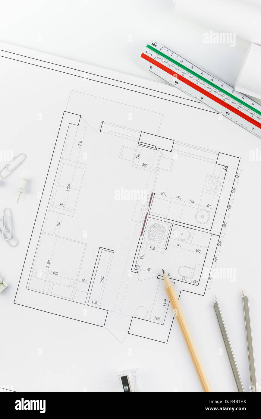 Creative flat lay overhead top view blueprints architectural flat ...