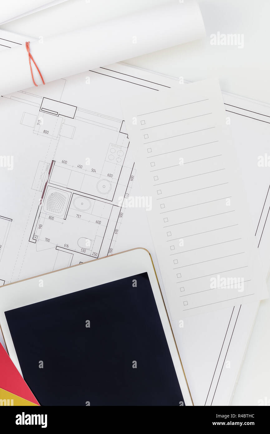 Creative flat lay overhead top view blueprints architectural flat ...