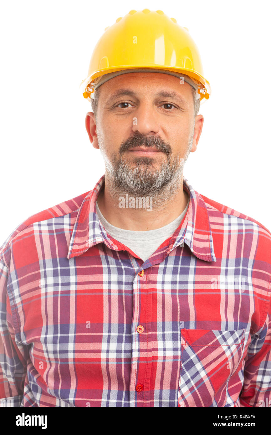 Closeup portrait of male builder wearing yellow helmet isolated on ...