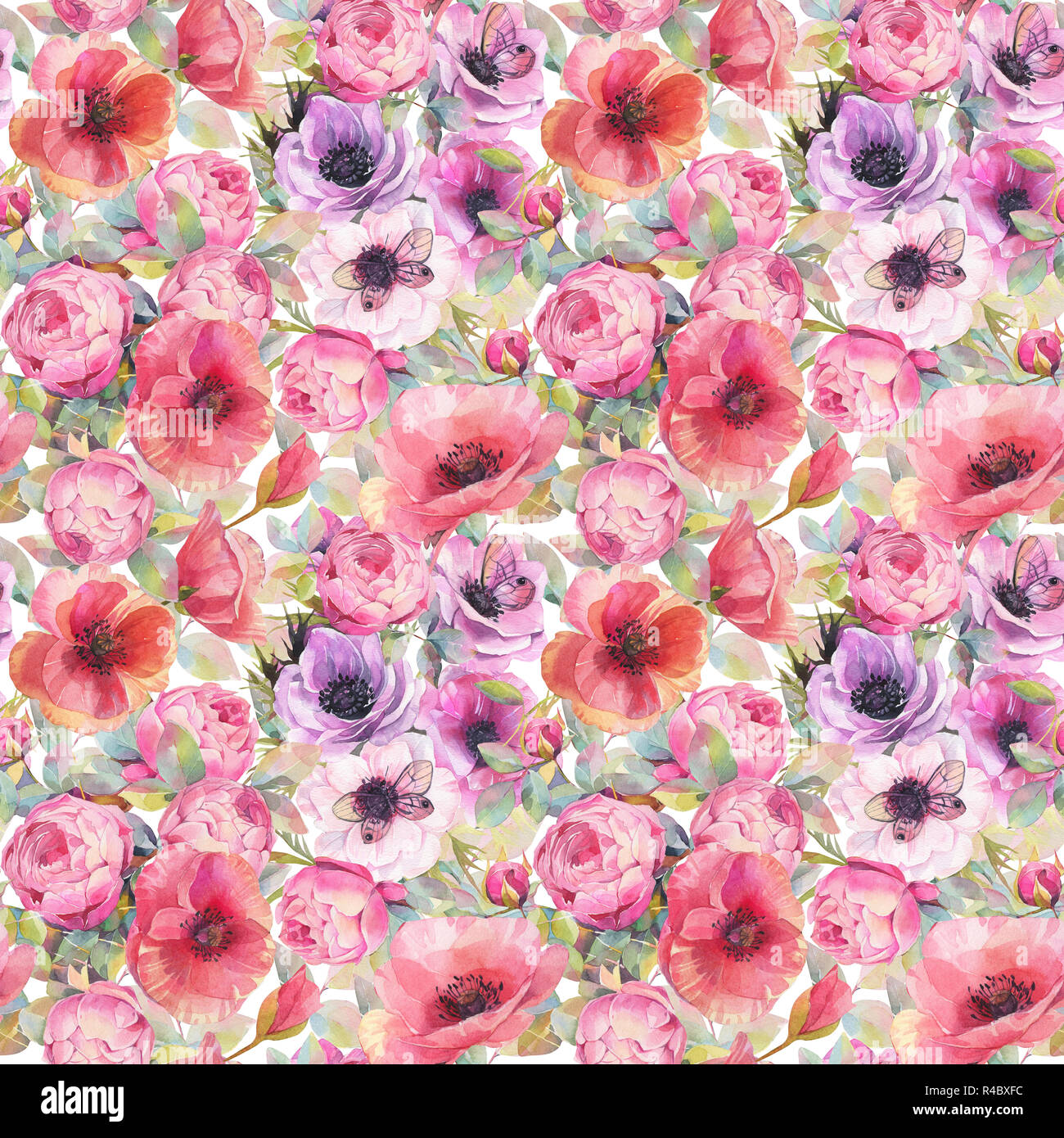 Watercolor Seamless Pattern With Flowers Anemones Poppies Roses And