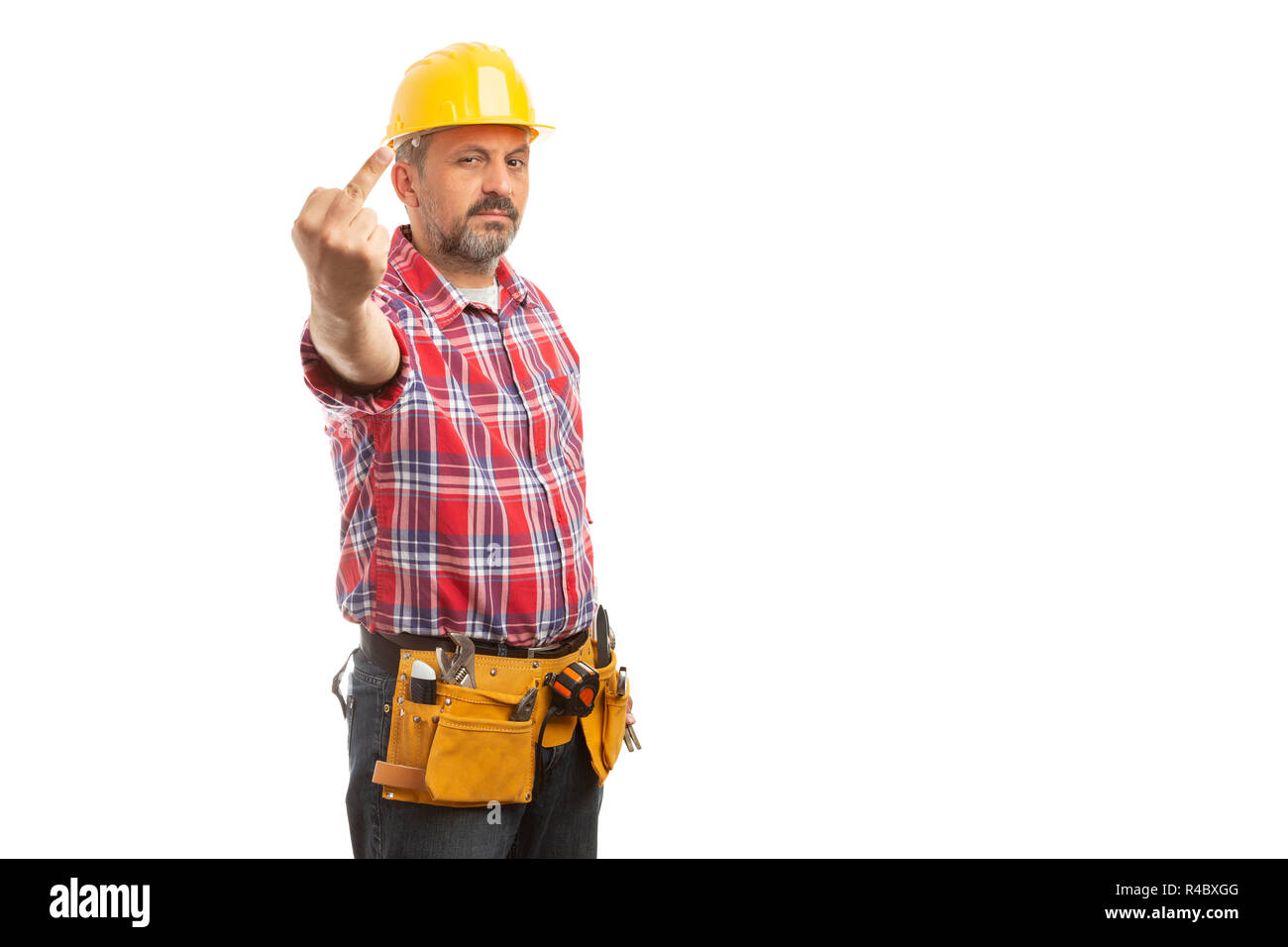 Male builder holding middle finger up as angry mad concept isolated on ...