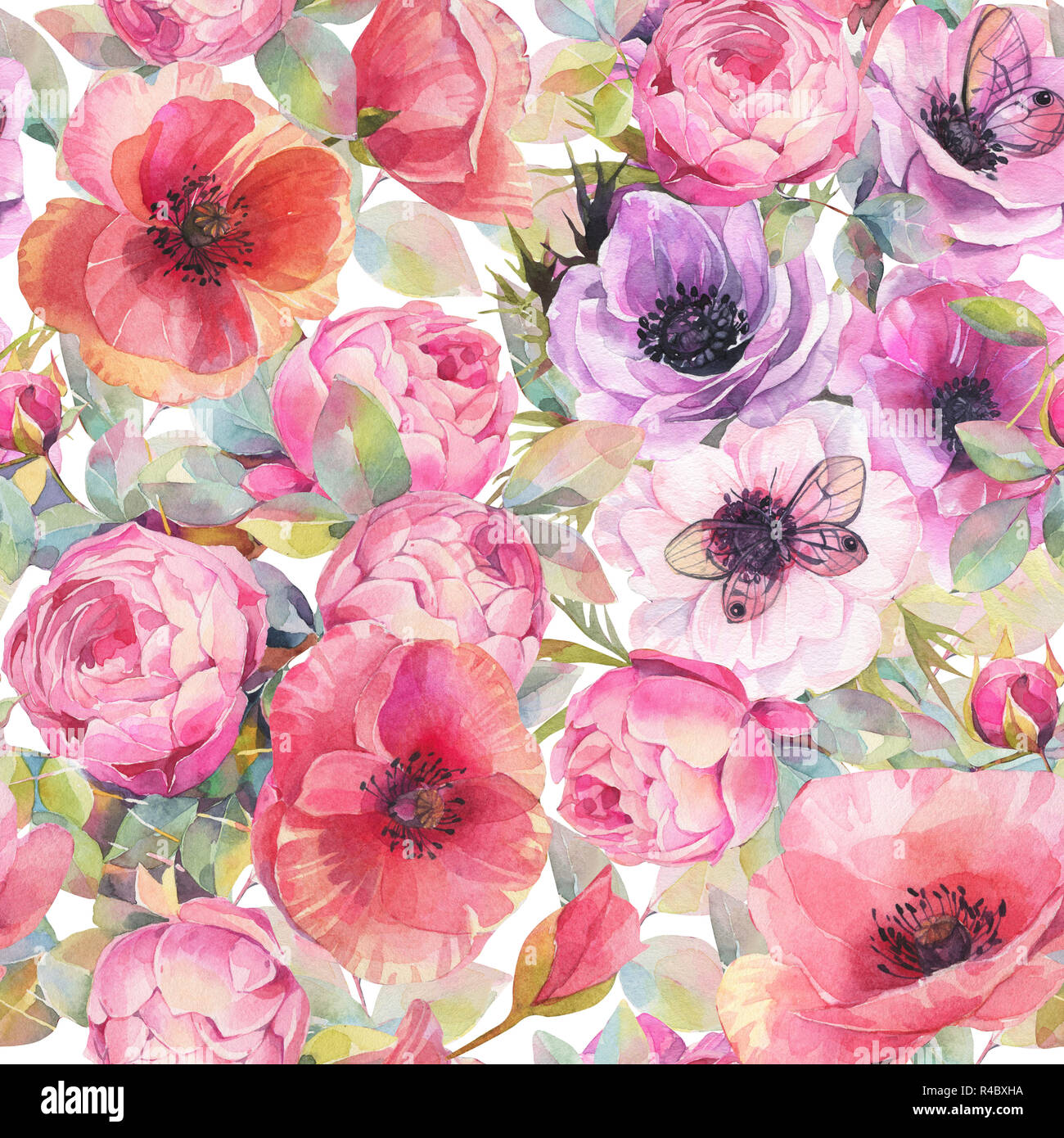 Watercolor Seamless Pattern With Flowers Anemones Poppies Roses And