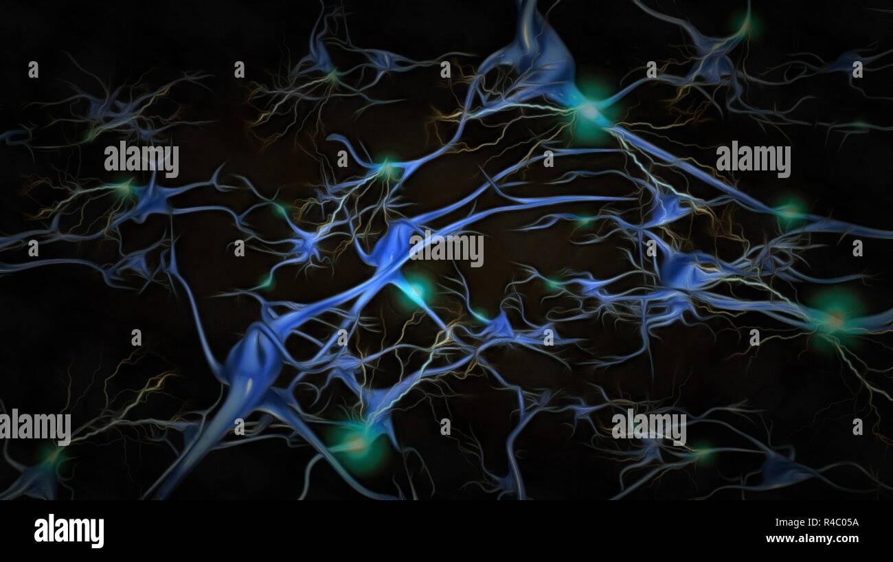 Neurons brain cells with electrical firing. Unique Sci-Fi Art Stock ...