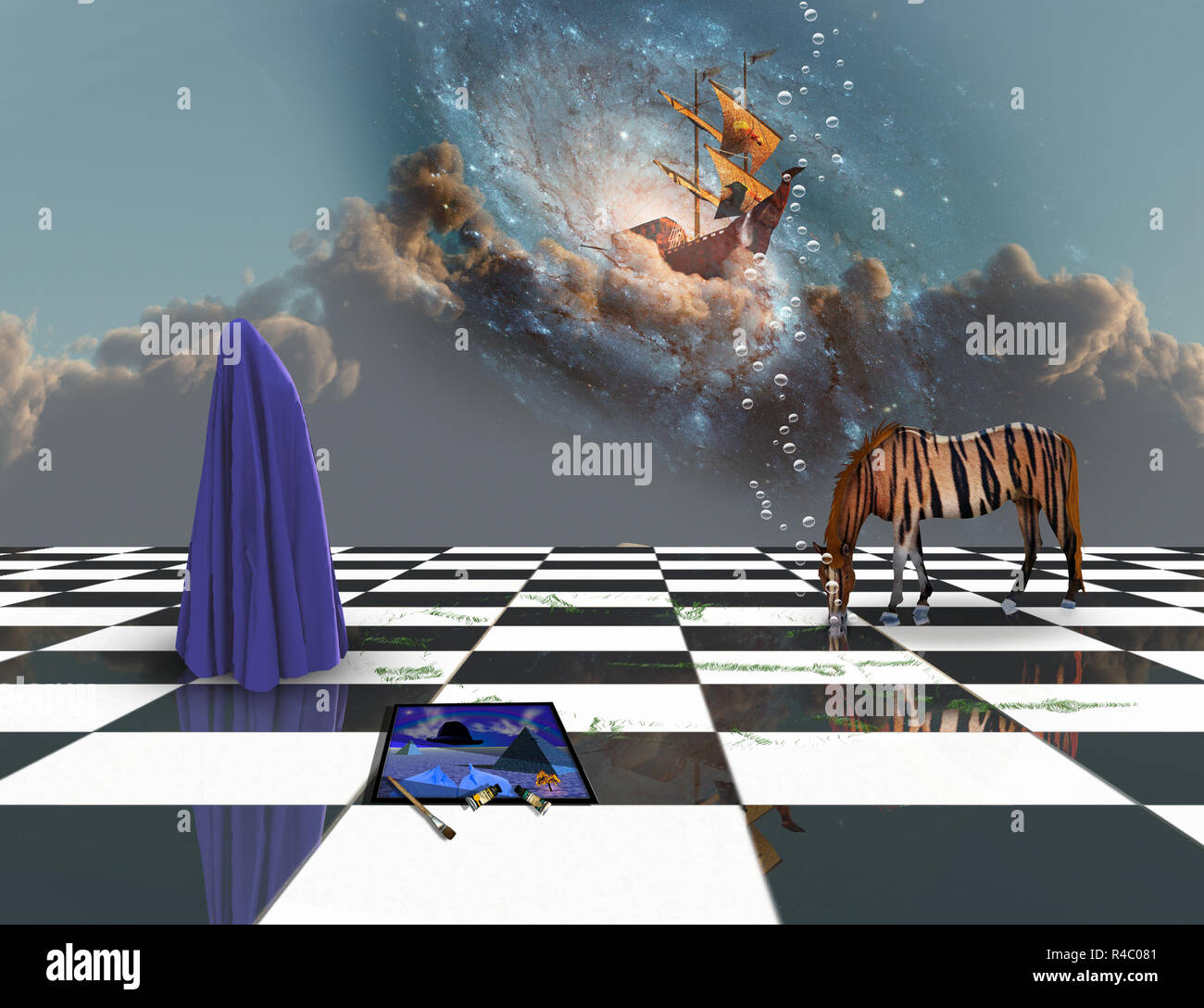 Deep Imaginative scene. Sailboat in the clouds. Striped horse and human ...