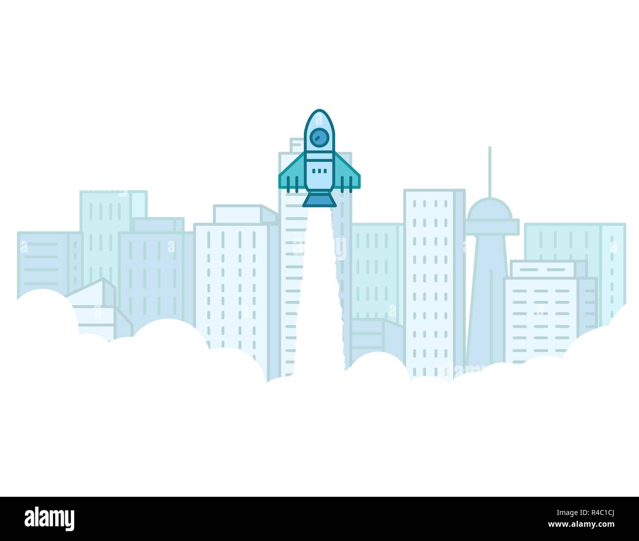 Startup rocket banner. Space rocket flying up with white smoke. Launch ...