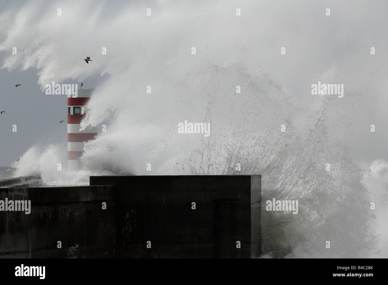 Huge stormy sea wave splash over pier and beacon closeup Stock Photo ...