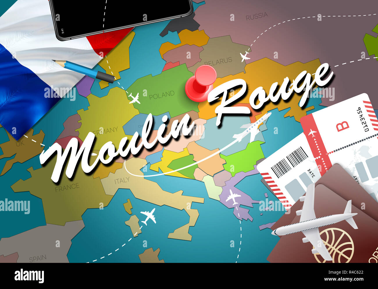 Moulin Rouge city travel and tourism destination concept. France flag ...