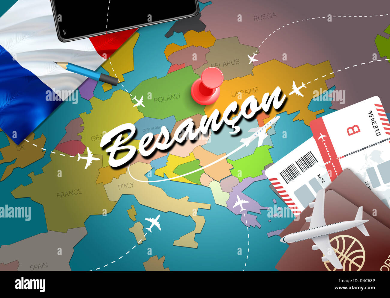 Besançon city travel and tourism destination concept. France flag and ...