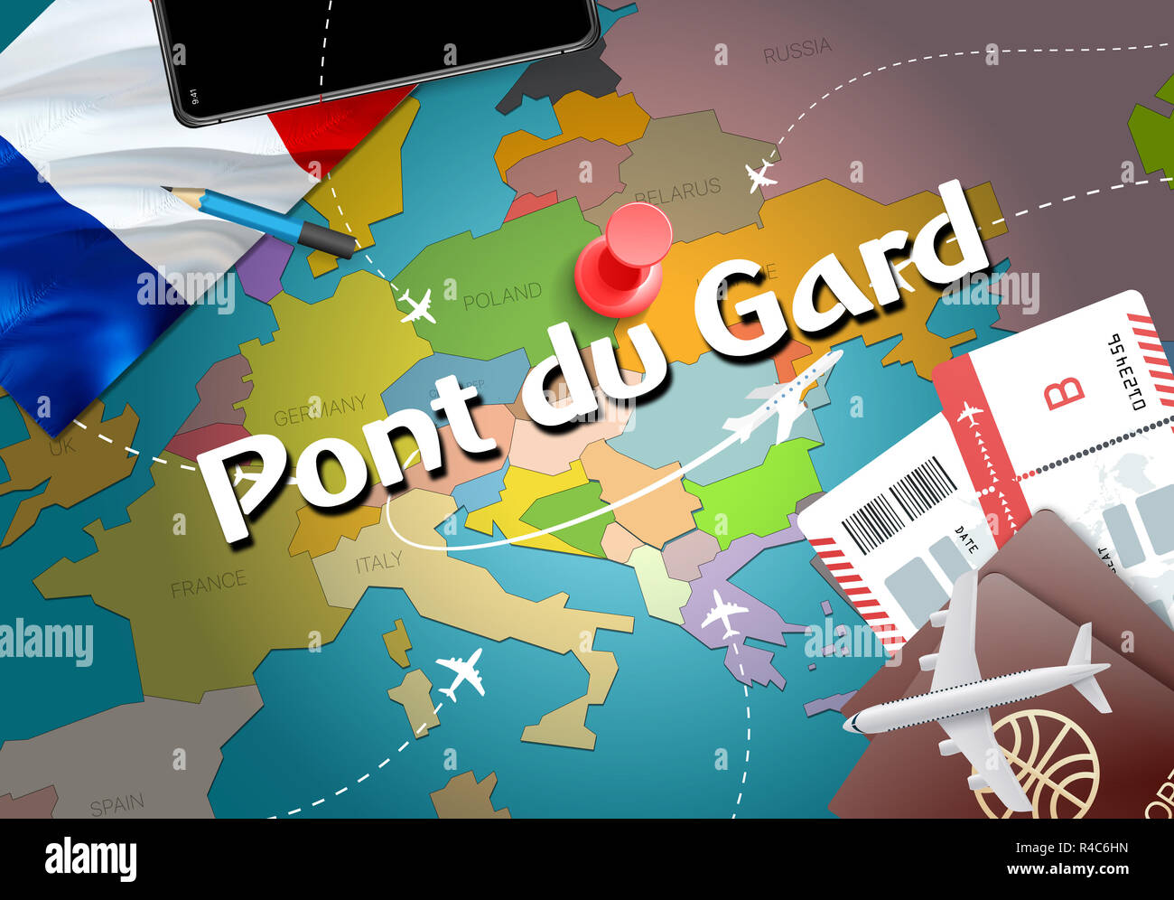 Pont du Gard city travel and tourism destination concept. France flag ...