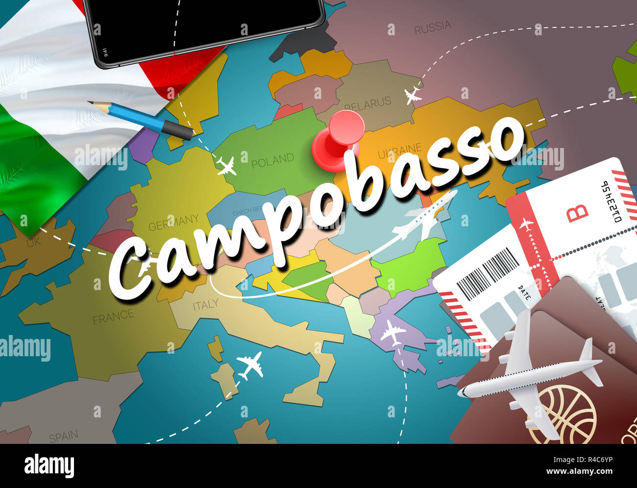 Campobasso city travel and tourism destination concept. Italy flag and ...