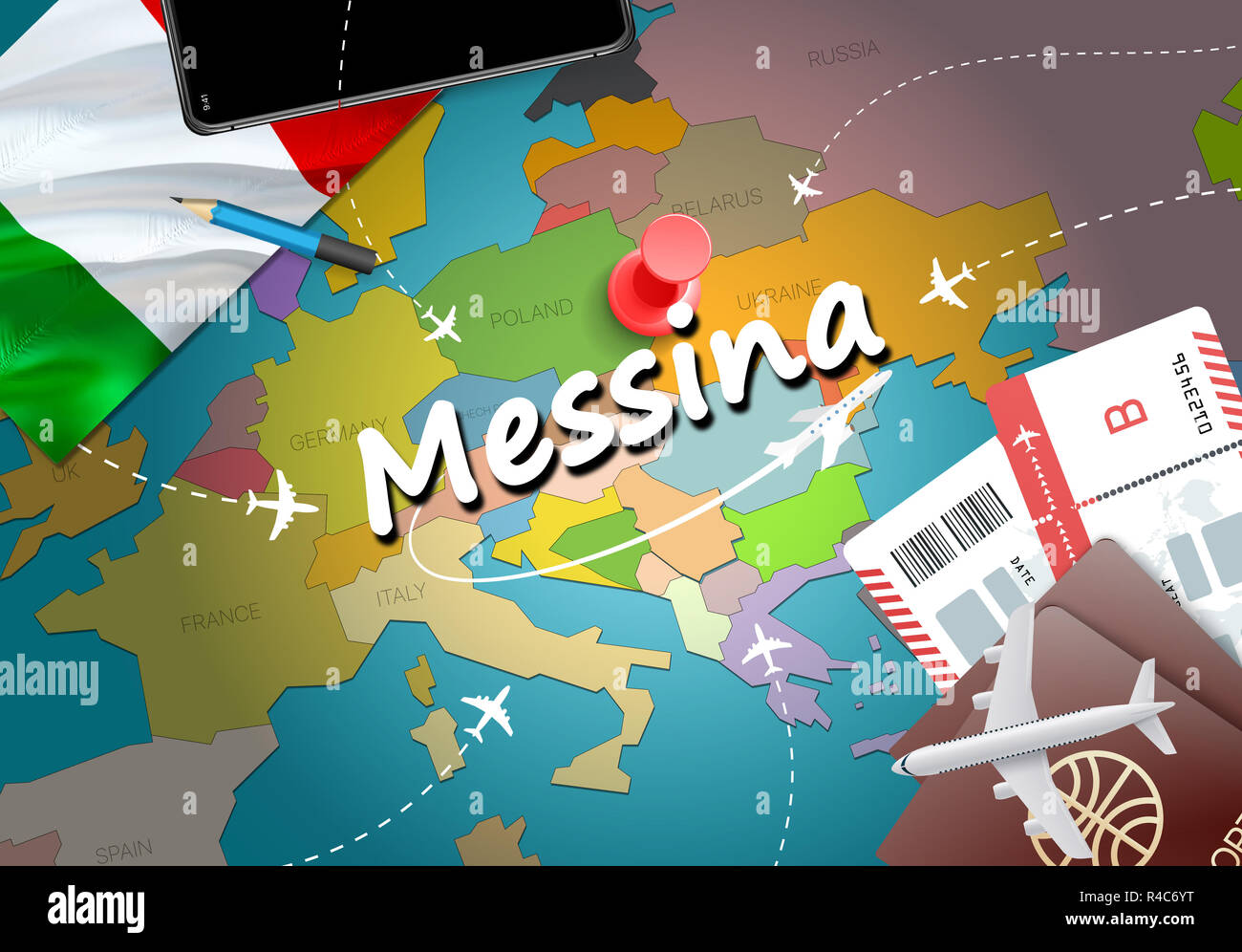 Messina city travel and tourism destination concept. Italy flag and ...