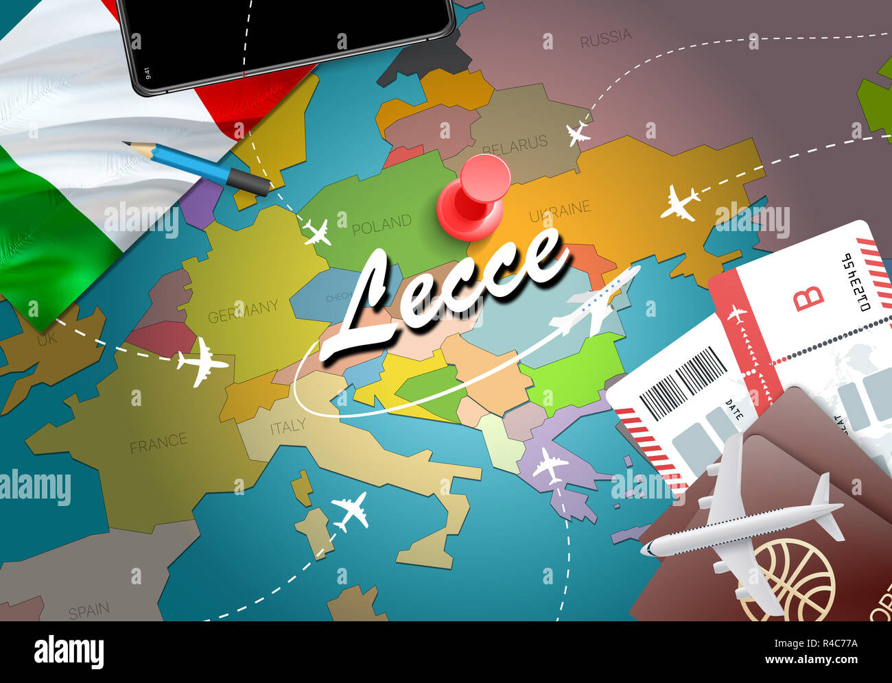 Lecce city travel and tourism destination concept. Italy flag and Lecce ...