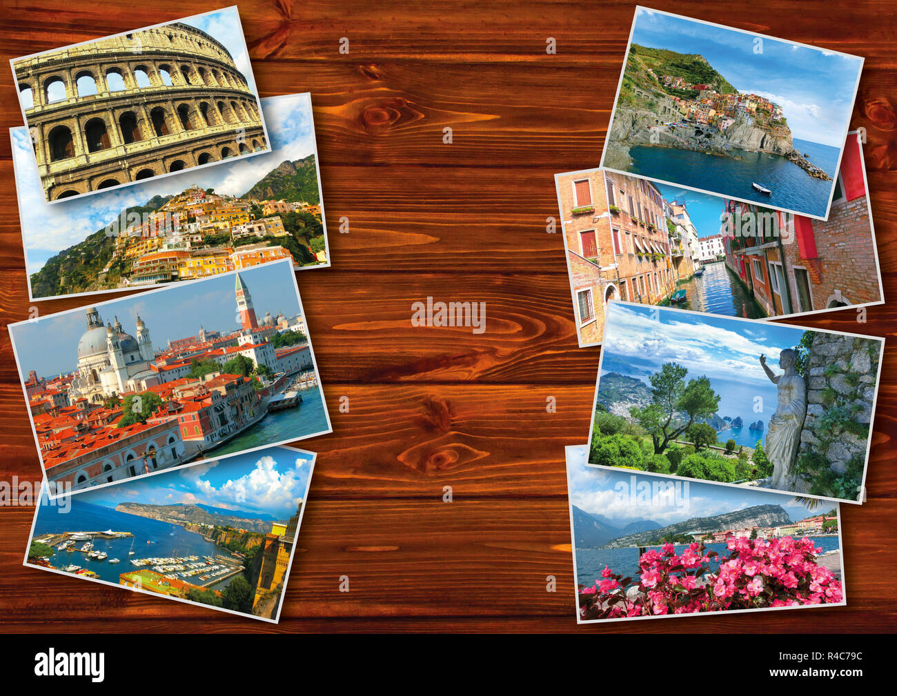 Collage from photos of Italy on wooden background Stock Photo - Alamy