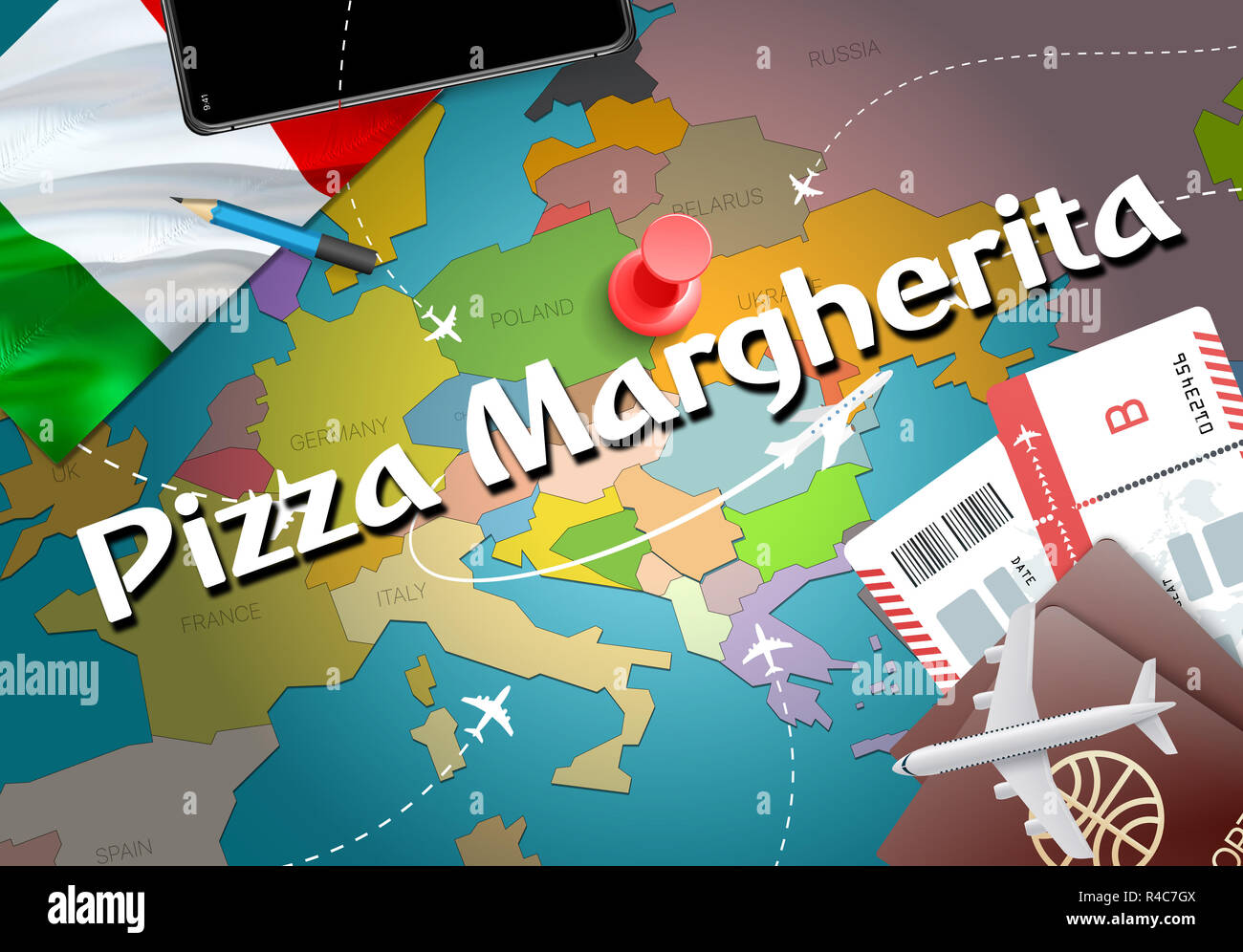 Pizza Margherita city travel and tourism destination concept. Italy ...