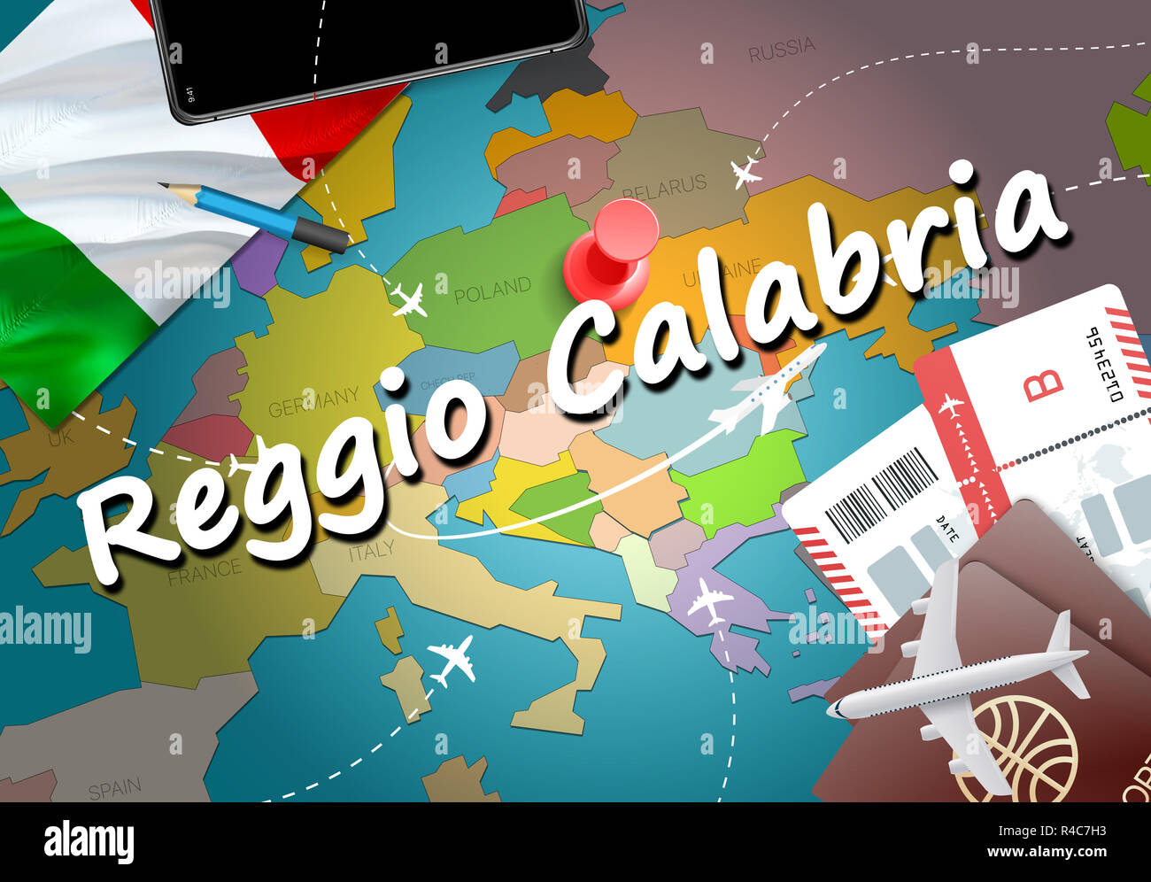 Reggio Calabria city travel and tourism destination concept. Italy flag ...
