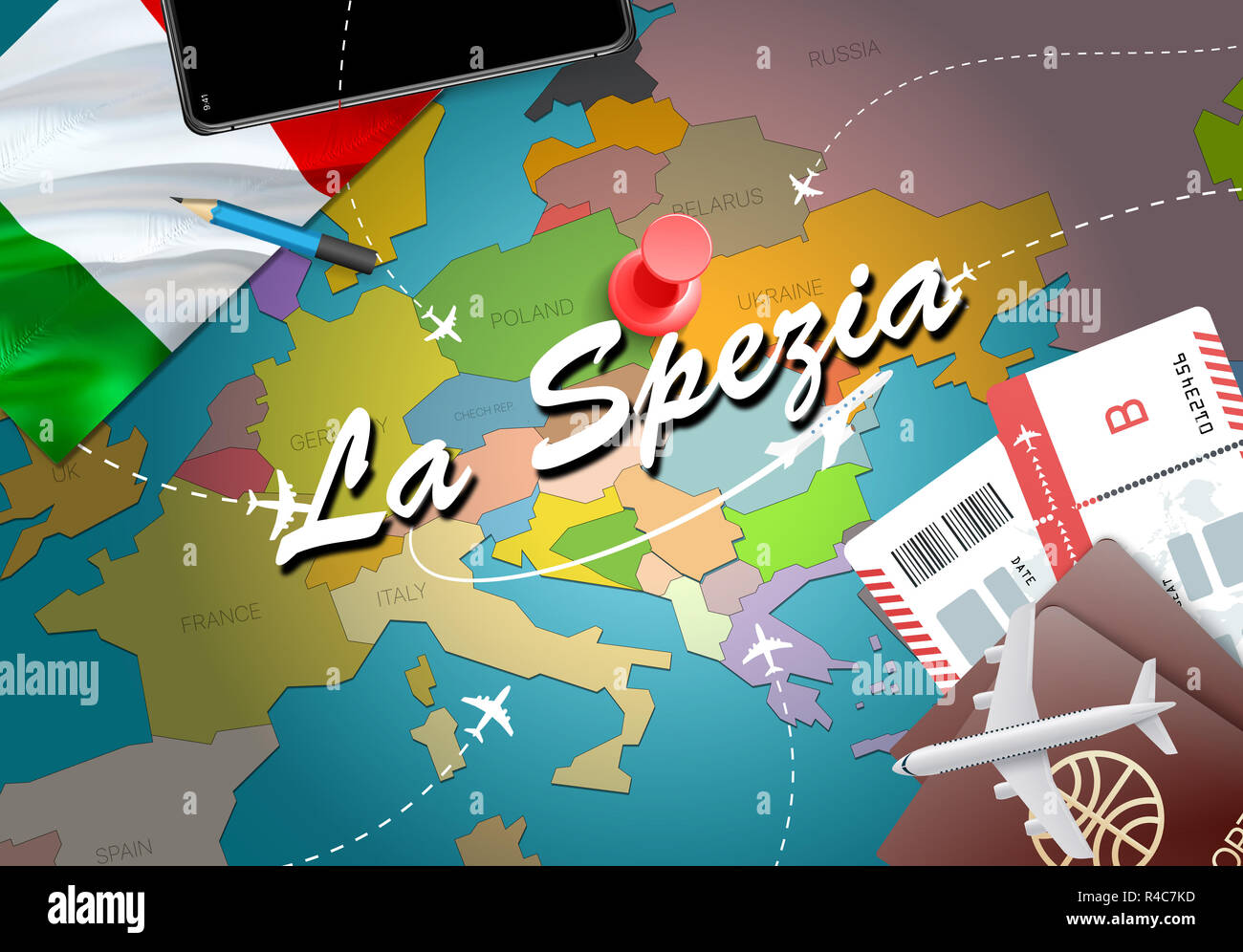 La Spezia city travel and tourism destination concept. Italy flag and ...
