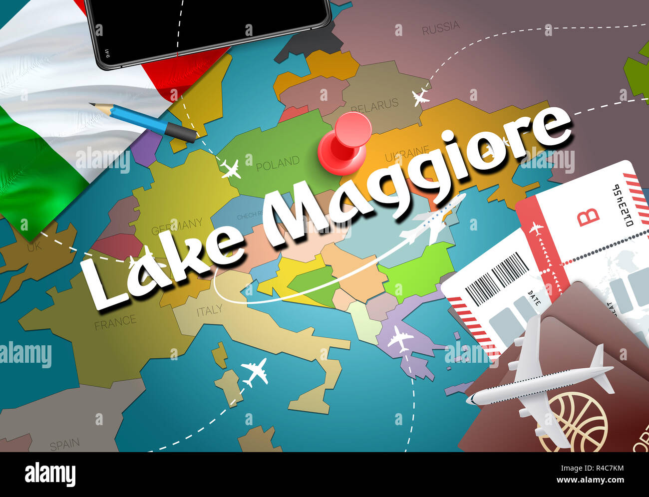 Lake Maggiore city travel and tourism destination concept. Italy flag ...