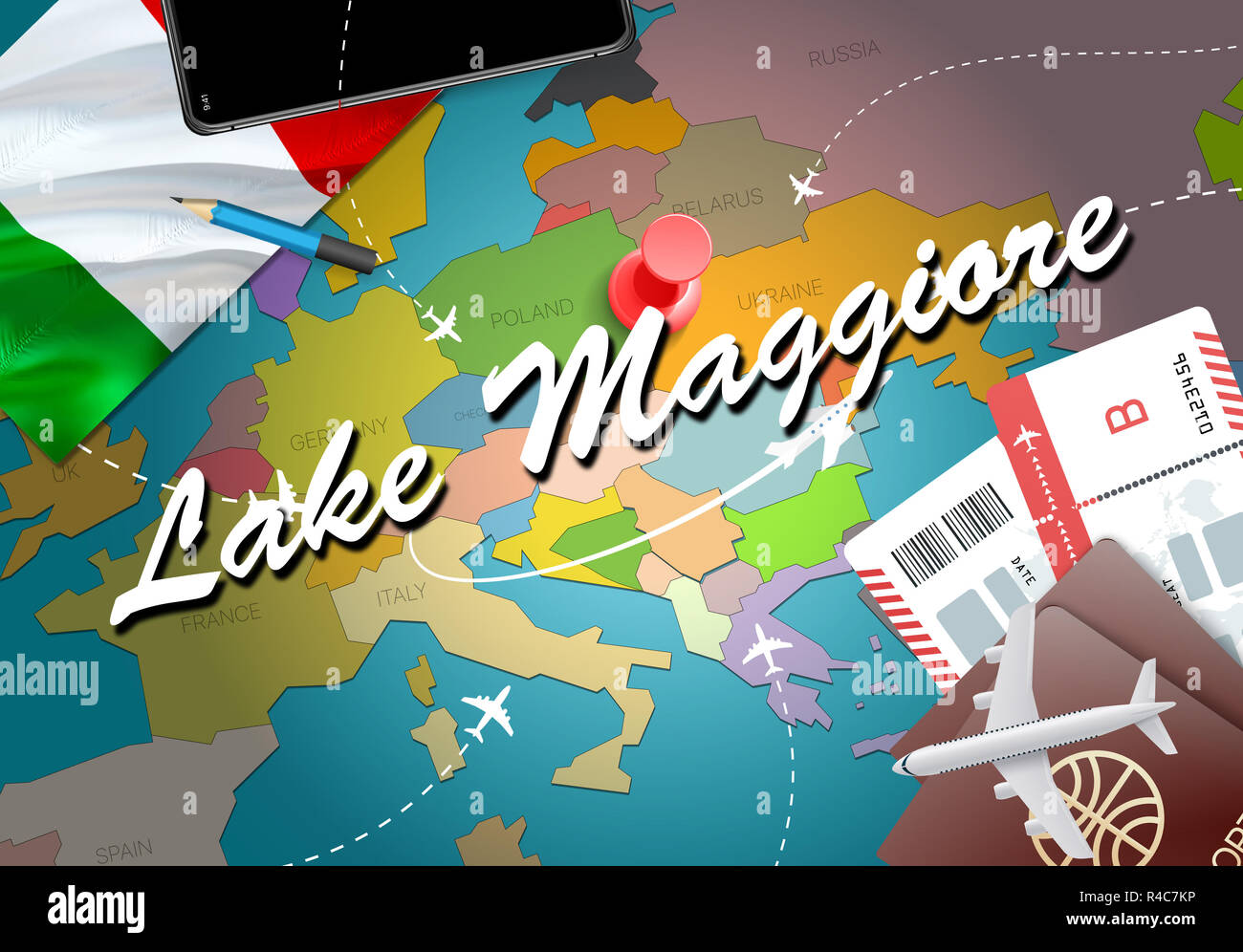 Lake Maggiore city travel and tourism destination concept. Italy flag ...